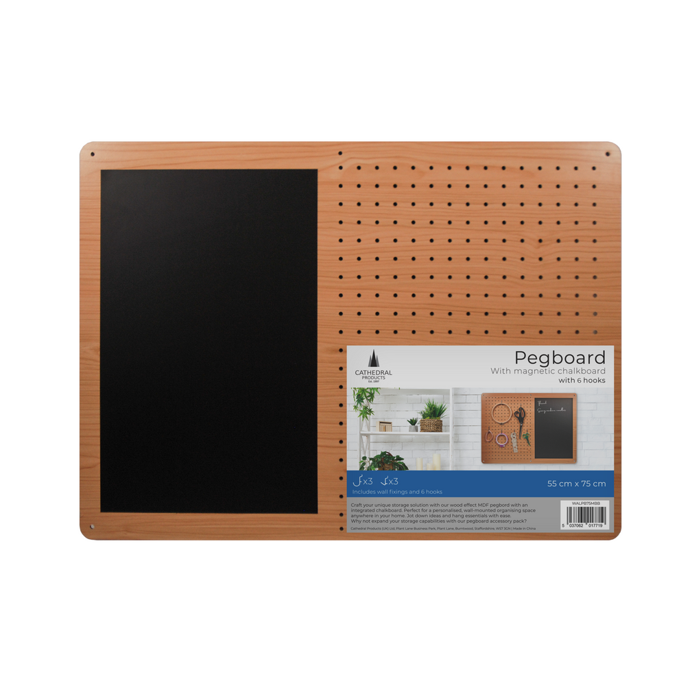 Wood Effect MDF Pegboard with Magnetic Chalkboard - 75 x 55 cm ...